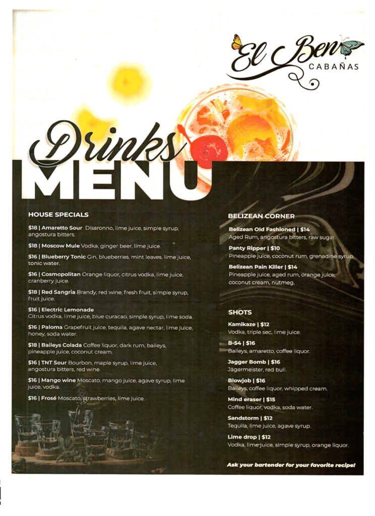 Restaurant Menu - El Ben Cabañas Resort