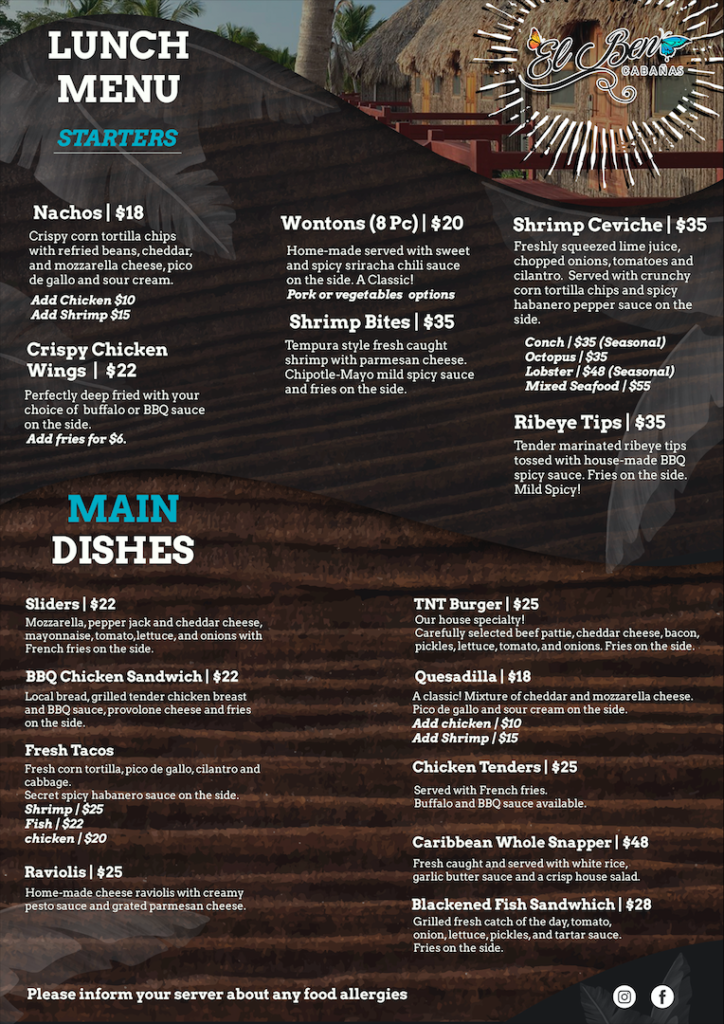 Restaurant Menu - El Ben Cabañas Resort